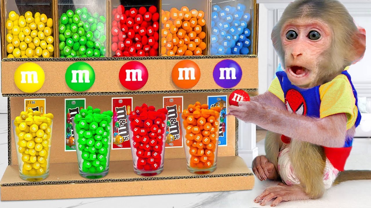 Monkey BiBi challenges with Sweet M&M Candy Dispenser and Watermelon ...