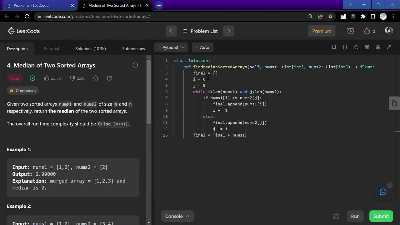 4 Median Of Two Sorted Arrays Python Leetcode Problems Solutions Youtube