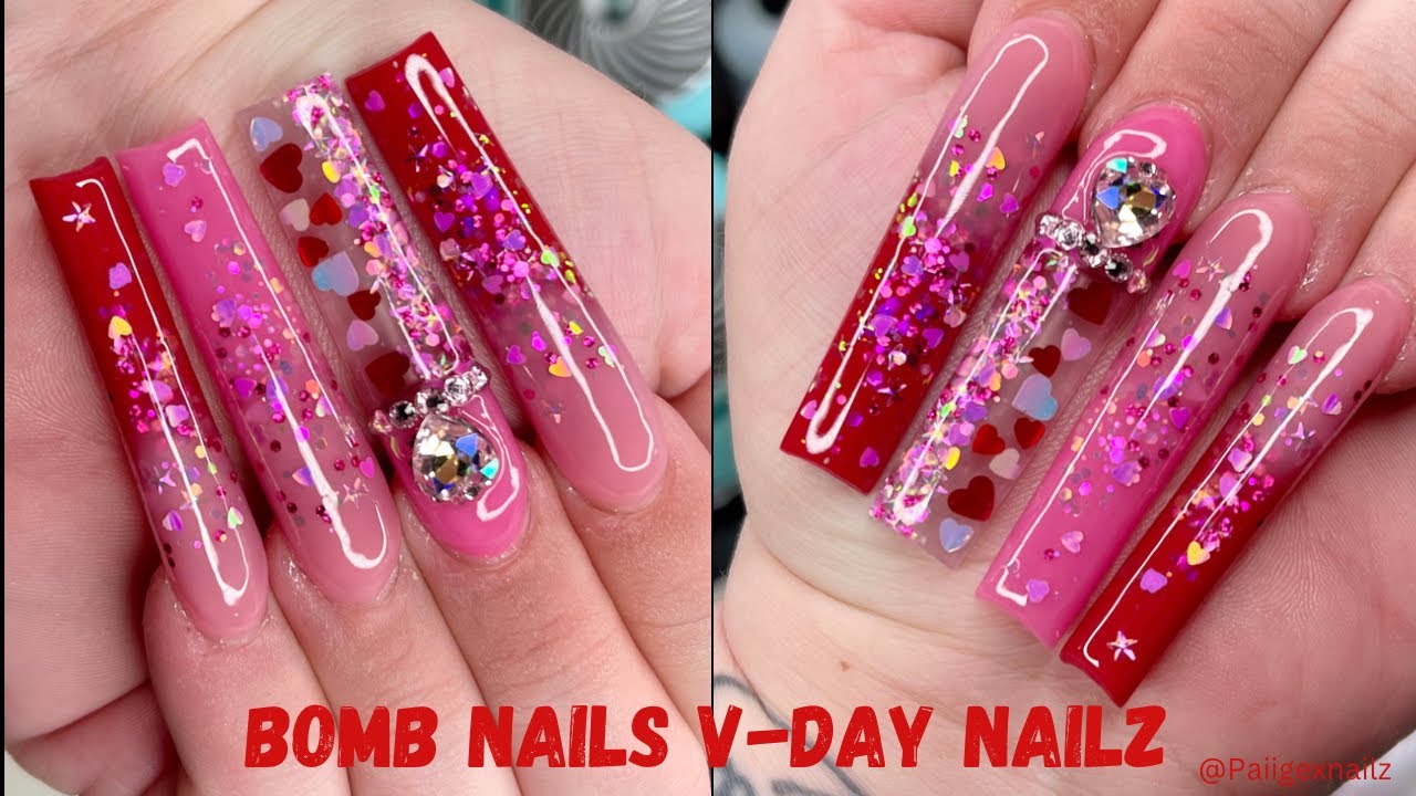 PINK & RED VDAY NAILS| NEW VDAY COLLECTION| ACRYLIC APPLICATION FOR ...