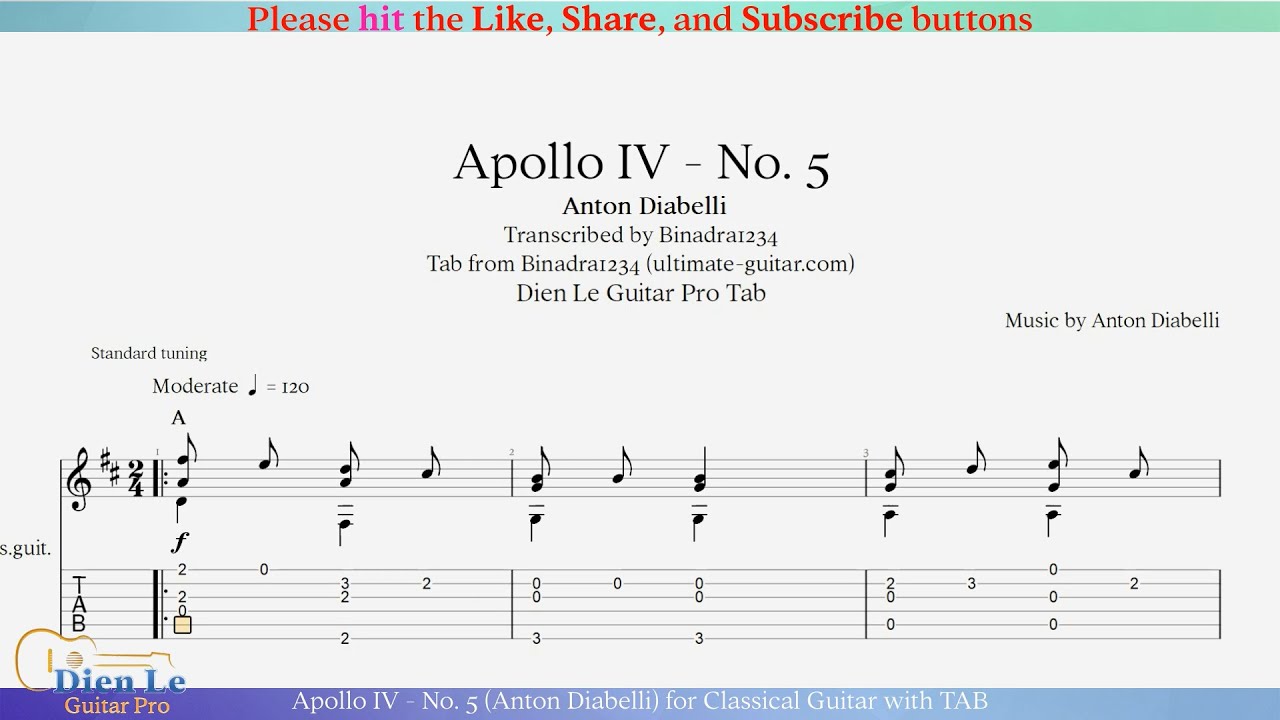 Apollo IV - No. 5 (Anton Diabelli) for Classical Guitar with TAB - YouTube