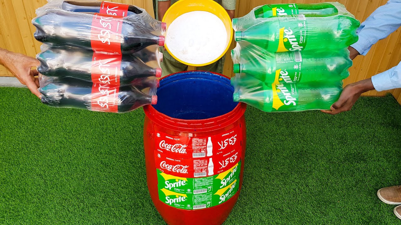 Experiment Coca Cola and Sprite VS Baking soda in a Barrel - YouTube