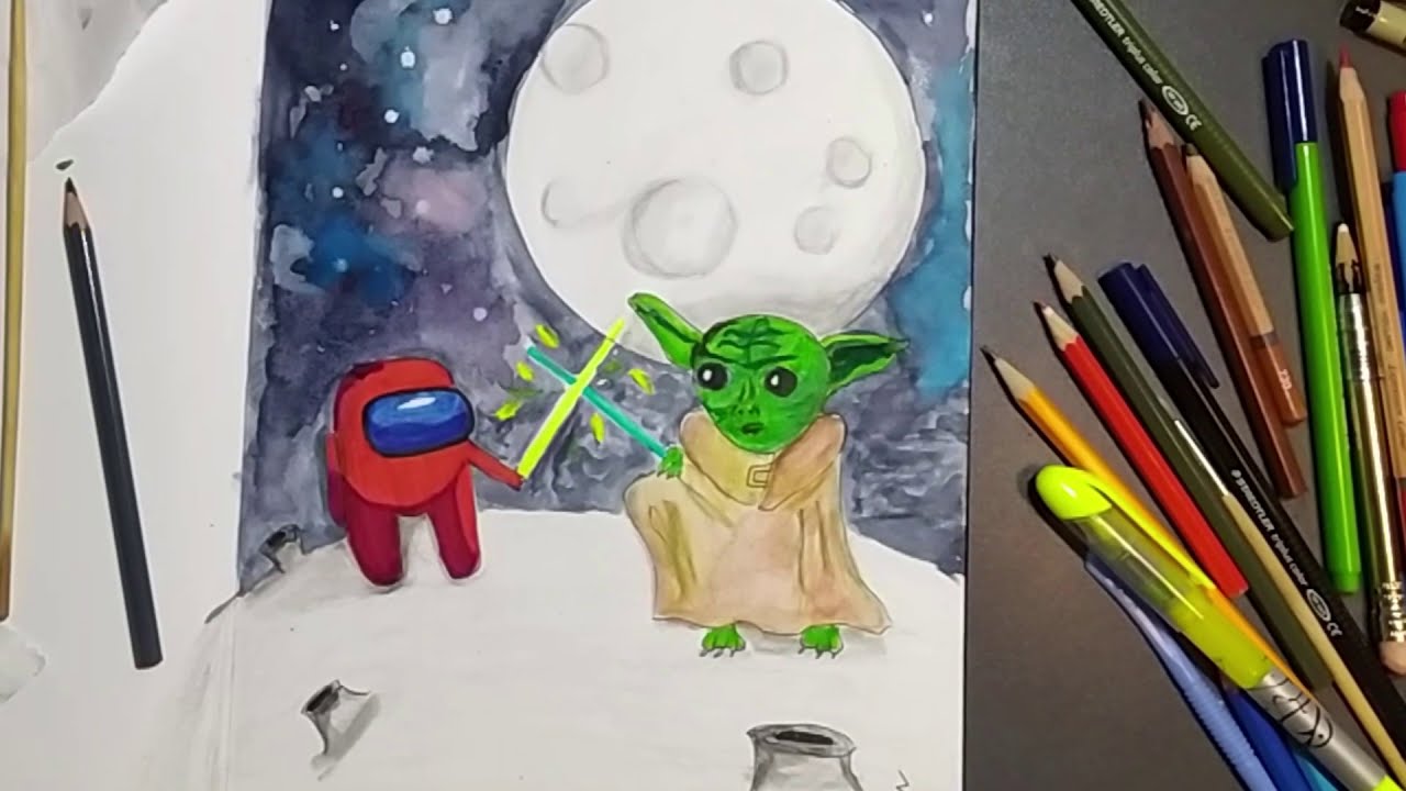 Baby Yoda VS Among Us in the Moon speed drawing. - YouTube
