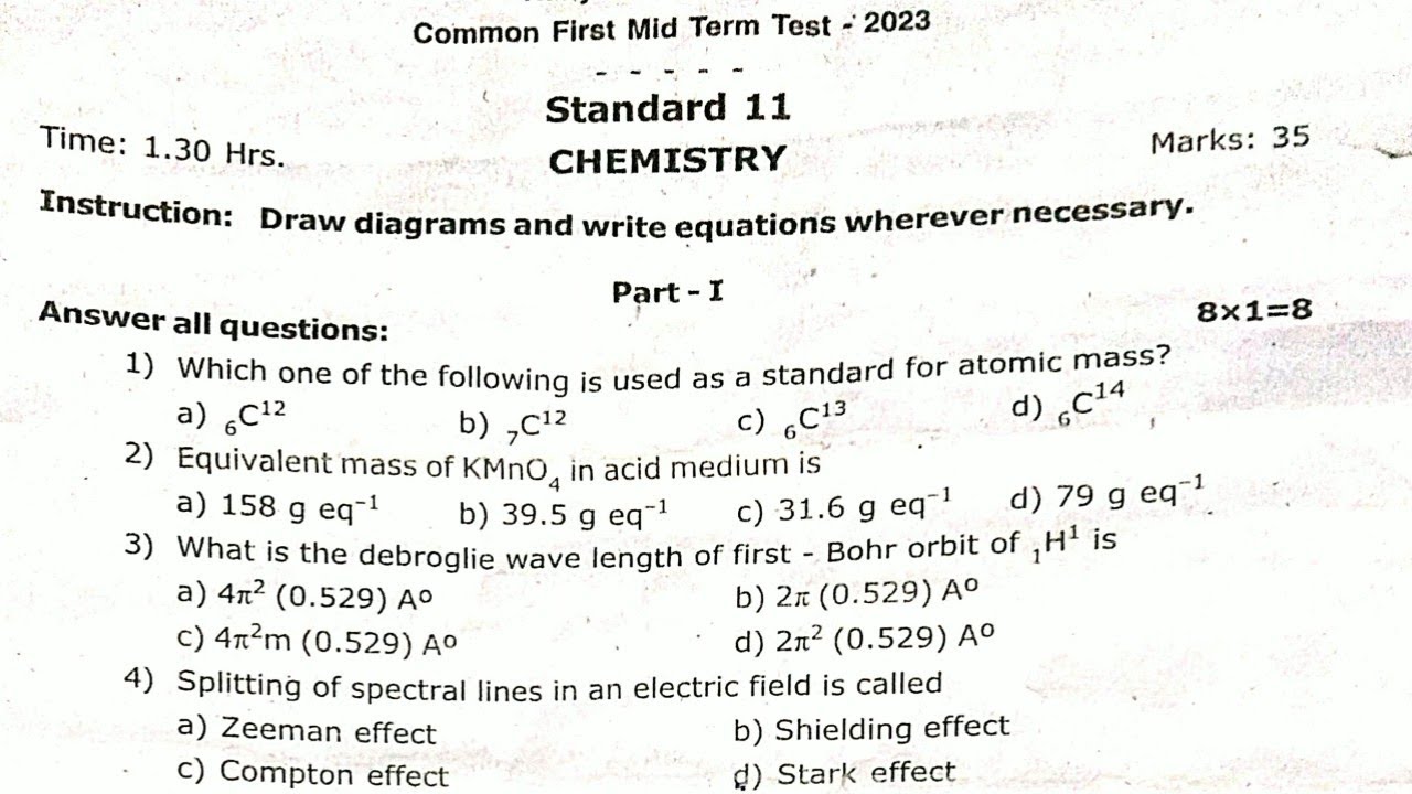11th chemistry first midterm exam question paper 2024 - YouTube