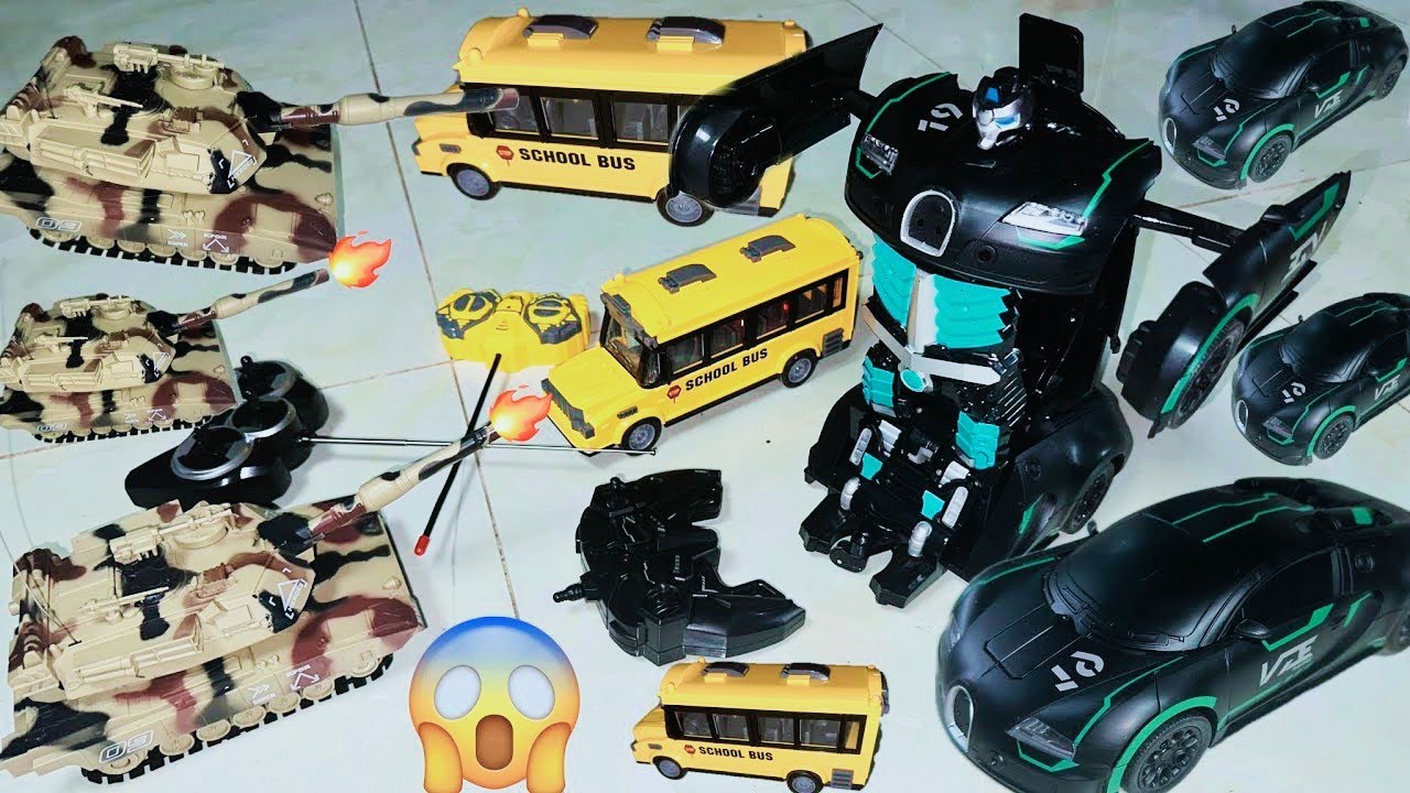 Wow RC Tank war vs Rc school bus vs RC Robots transformer Unboxing ...