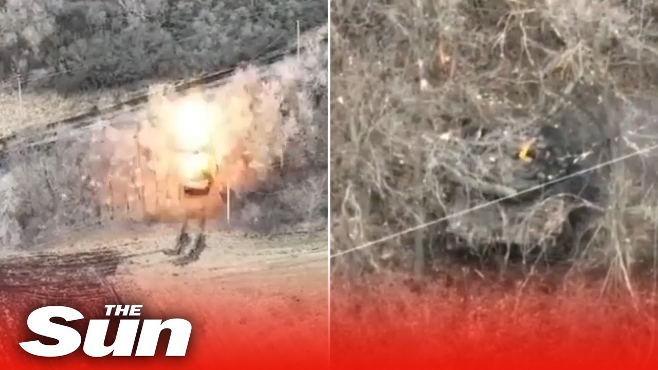 Ukrainian forces blow up Russian tank hidden among trees - YouTube