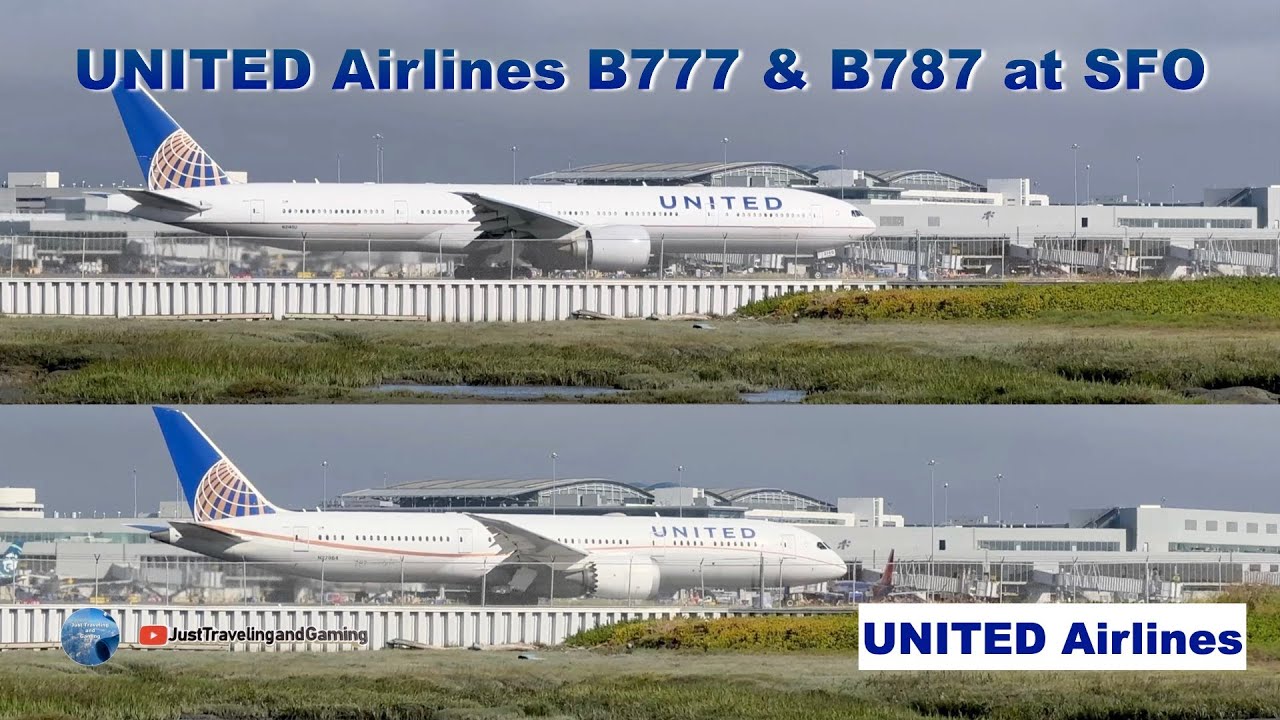 [4K] Comparison United Airlines B777 vs B787 Takeoff from San Francisco ...
