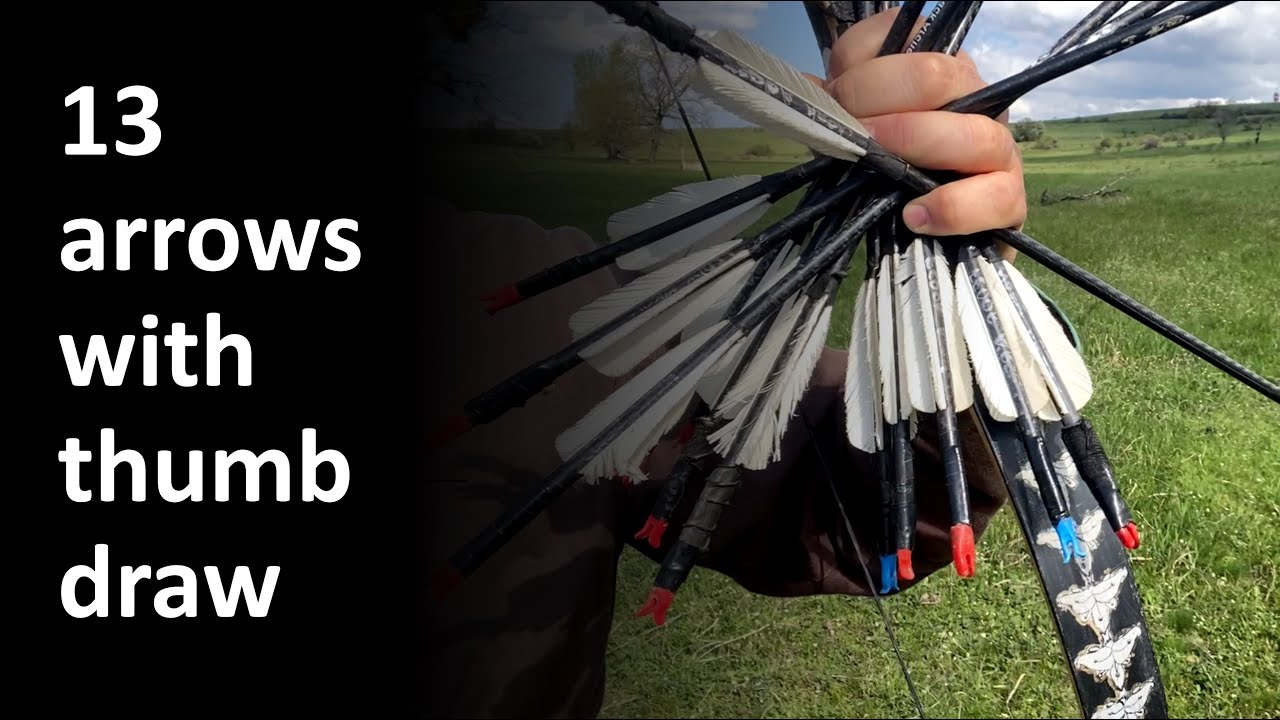 Holding 13 arrows in the bow hand, using thumb draw - YouTube