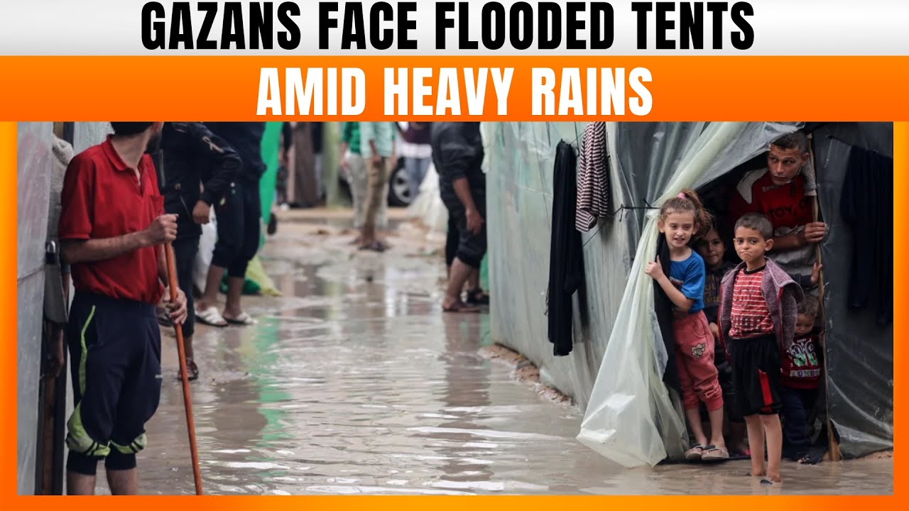 Displaced Gazans Endure Flooded Tents Amid Heavy Rains | News9 - YouTube