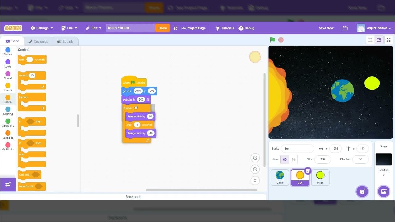 Coding the Moon Phases in Scratch Step 5: Animate the Sun, Earth, and ...