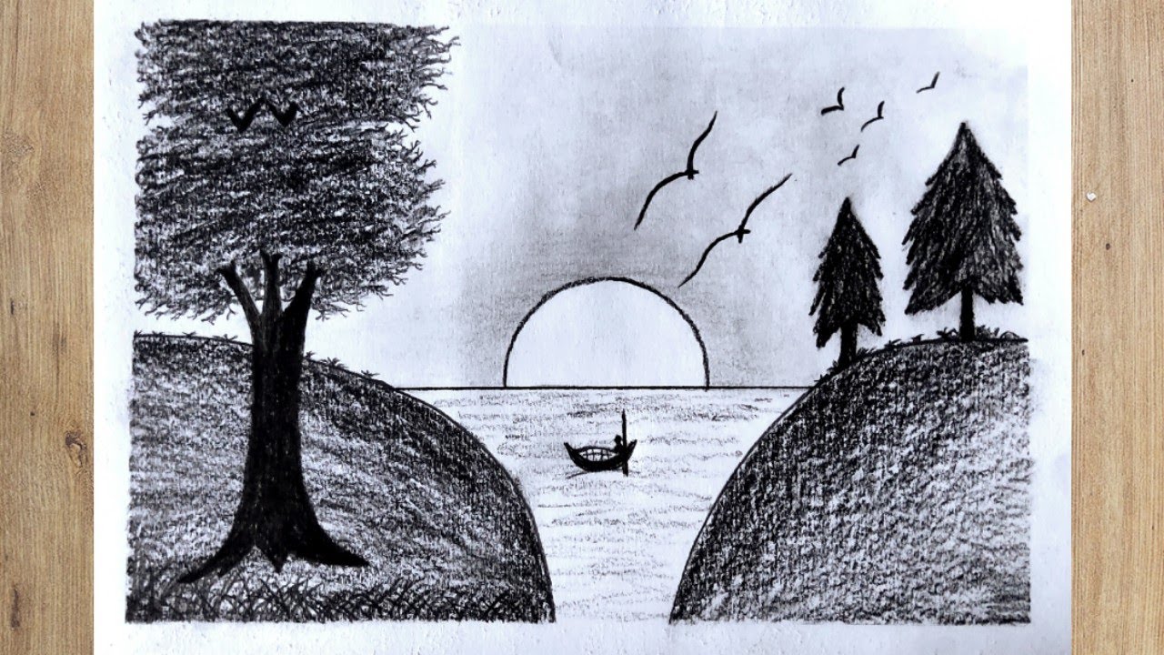 Scenery Drawing Easy Shading||Easy Sunset Drawing with Pencil ...