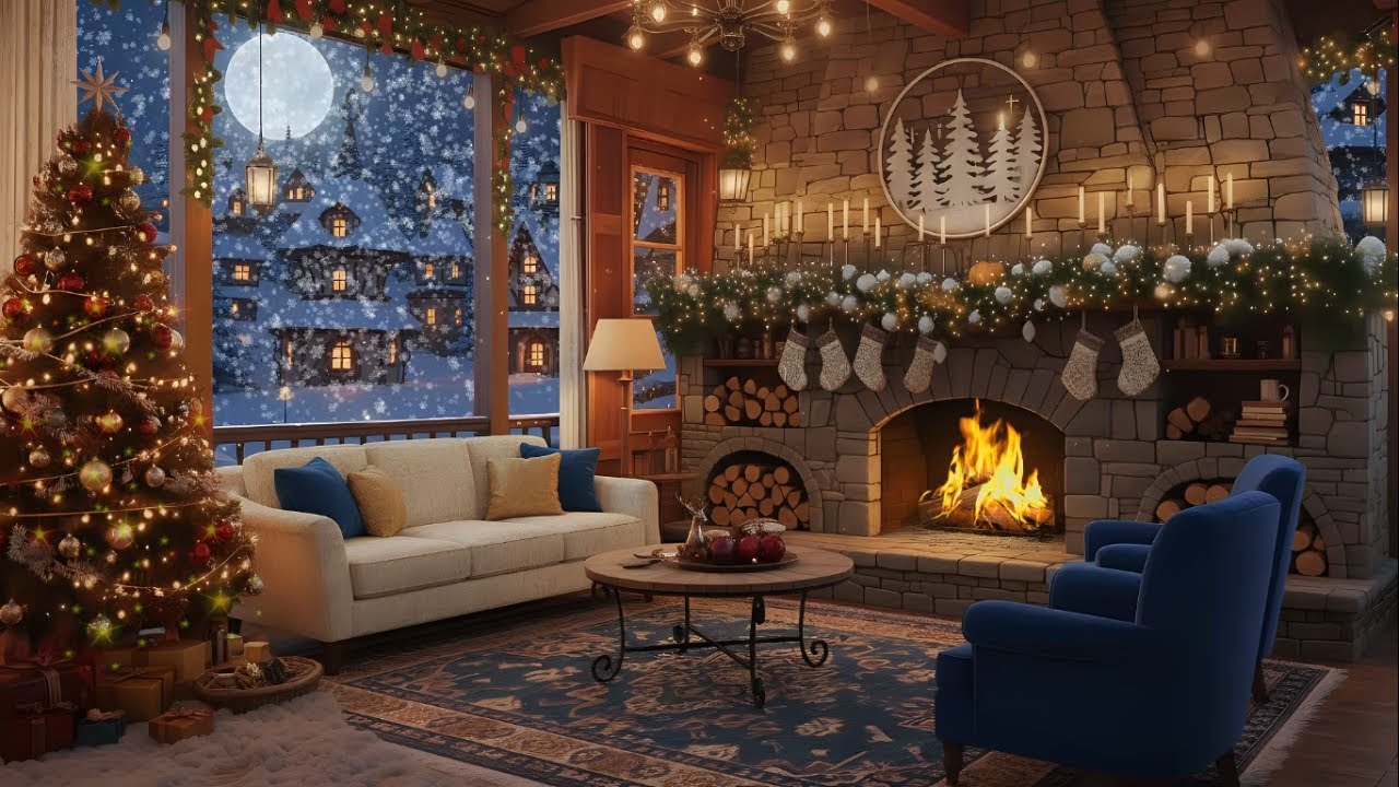 Christmas Music & Fireplace Ambience • Cozy Fireplace, Winter Cabin ...
