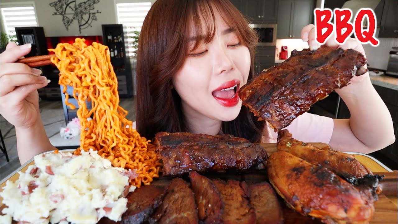 AMERICAN BBQ MUKBANG 먹방 PORK BABY BACK RIBS, BEEF TRI TIP, BBQ CHICKEN ...