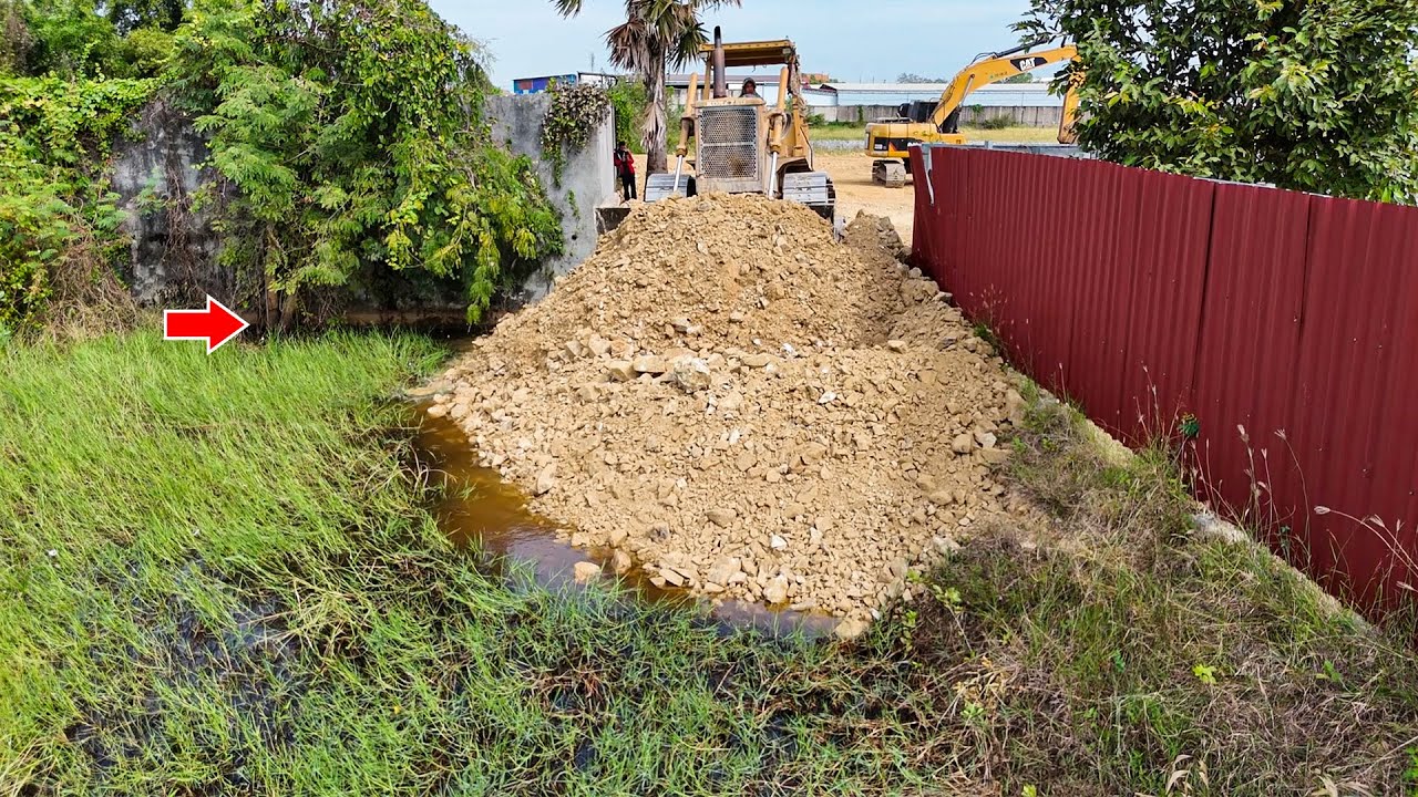 Watch till end! Bulldozer starts project landfill pushing soil with ...