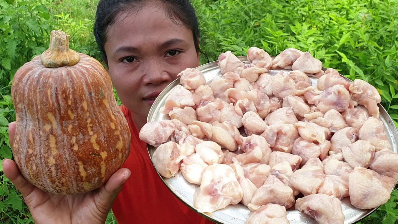 Cooking pumpkin with chicken rump - eating delicious - YouTube
