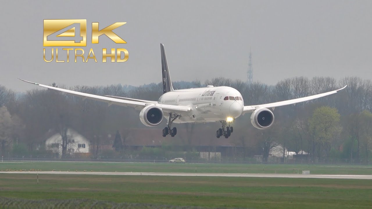 (4K) Boeing 787-9 Dreamliner Lufthansa D-ABPE arrival at Munich Airport ...