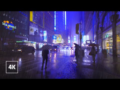 Lonely Night Walk in Heavy Rain in NEW YORK ☔️ Umbrella Thunderstorm Sounds For Sleeping
