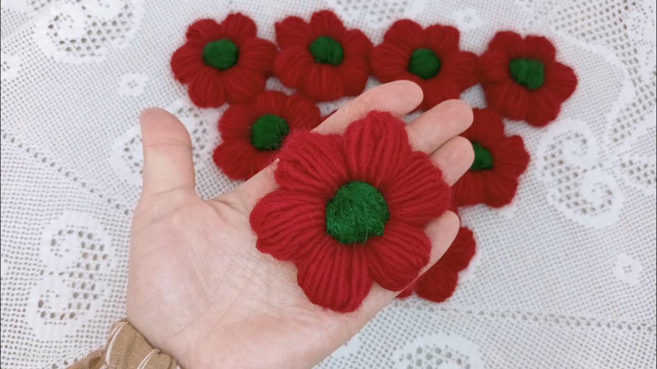 kırmızı papatya motif 8 cm knitting daisy pattern - YouTube