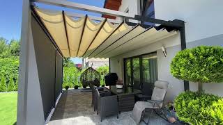 Pergola materiałowa rzymska Patio z roletami typu Screen Solar. Montaż Bielsko Sunless.
