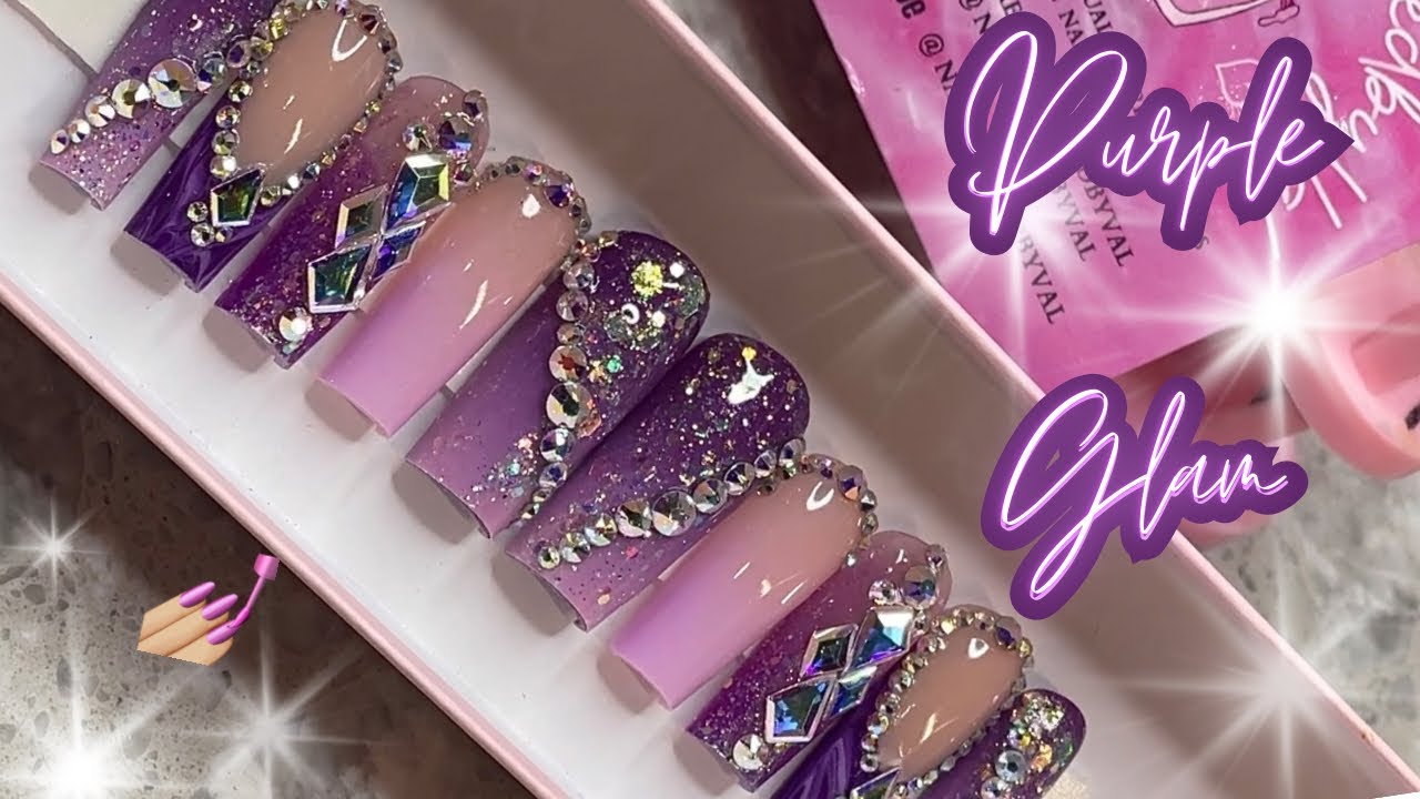 How to make GLAM BLINGED OUT press on nails 💅🏼 | Purple Bling nails ...