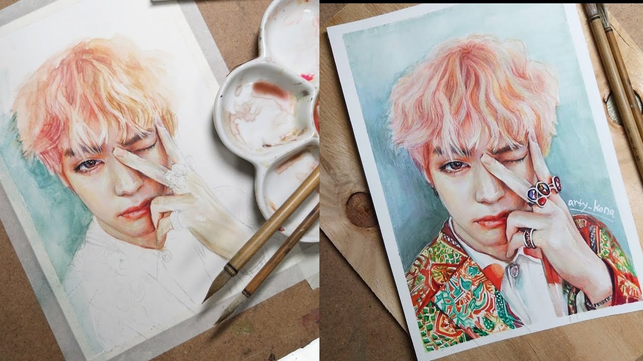 Watercolor portrait painting: BTS V with a wink | Kpop Fanart - YouTube