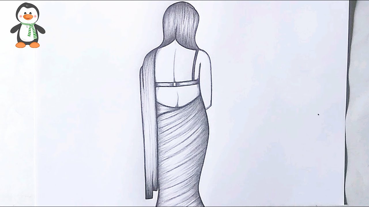 How to draw woman in saree back side art/ drawing beautiful girl in ...