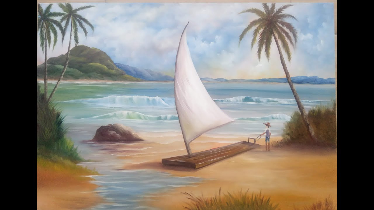 Pintura Tela Jangada,Praia,Mar,Barco.Vídeo Rápido.Painting Canvas Raft ...
