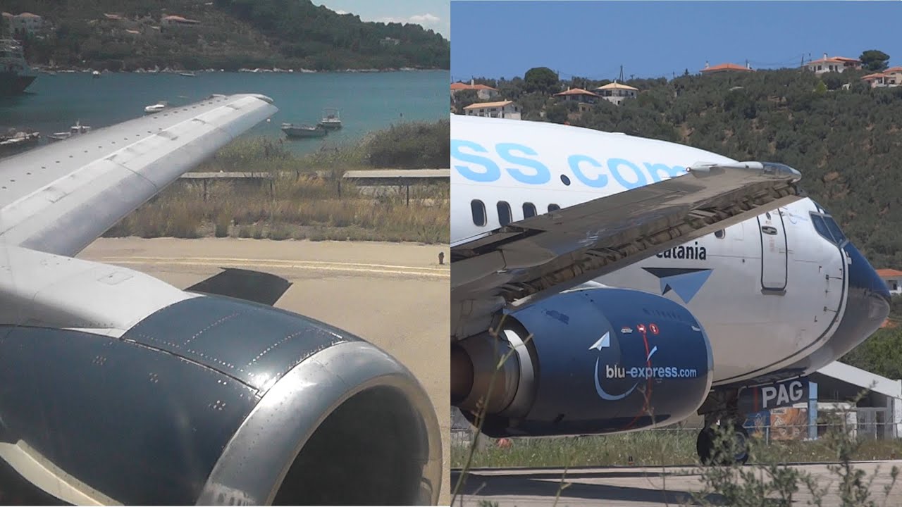 POWERFUL Blue Panaroma 737-300 Outside and Inside Takeoff View Skiathos ...