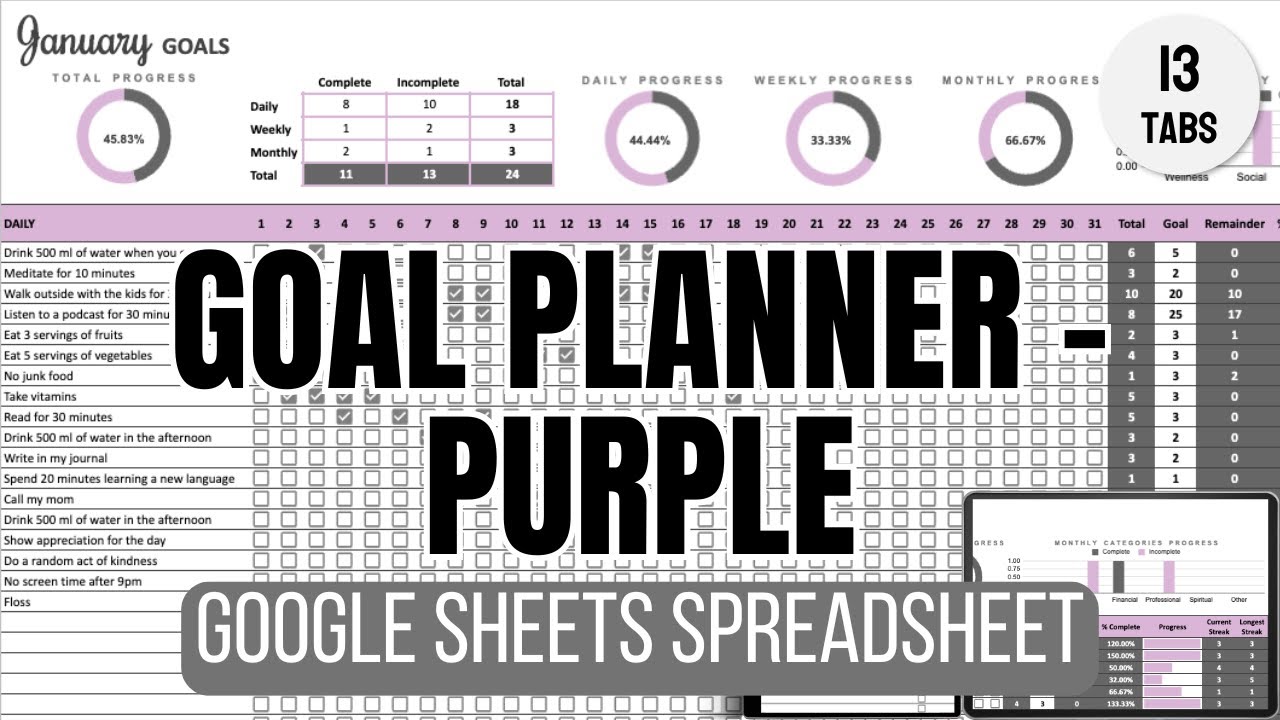 Goal Planner Spreadsheet (Google Sheets) - Purple - YouTube