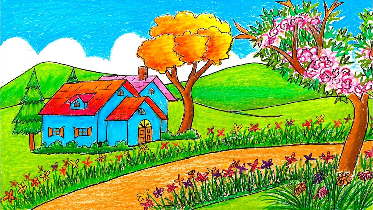 বসস্তকালের ছবি | Beautiful Spring season drawing | বসন্তকালের দৃশ্য ...