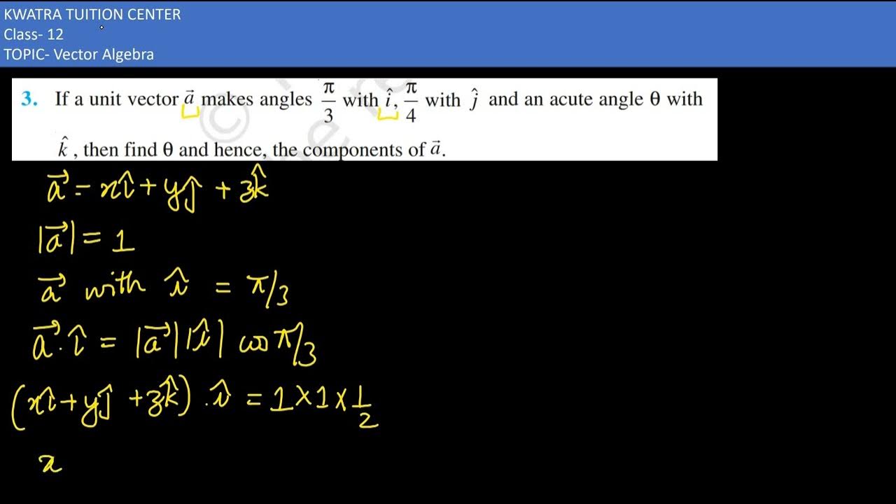 3. If a unit vector makes angles pi/3 with i, pi/4 with j and an acute angle with k, then find ...
