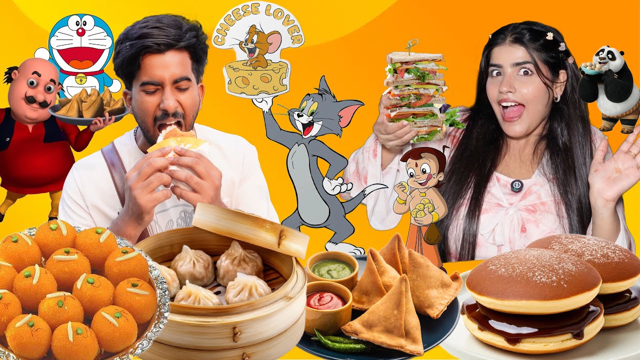 Eating Cartoon Characters Favourite food Challenge | Pooja Singh - YouTube