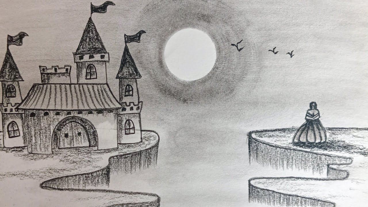 Easy fantasy landscape pencil drawing for beginners||Easy Castle on the ...