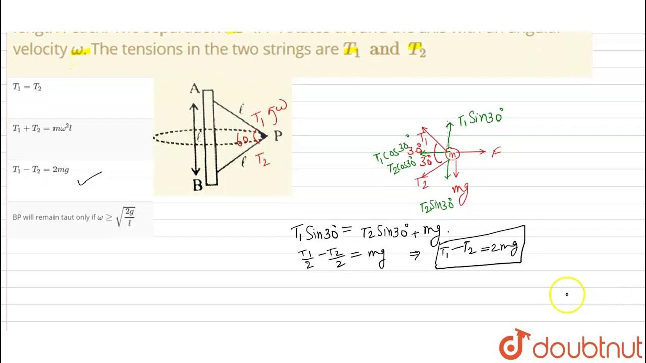 A particle P of mass m is attached to a vertical axis by two strings AP and BP of length l each ...