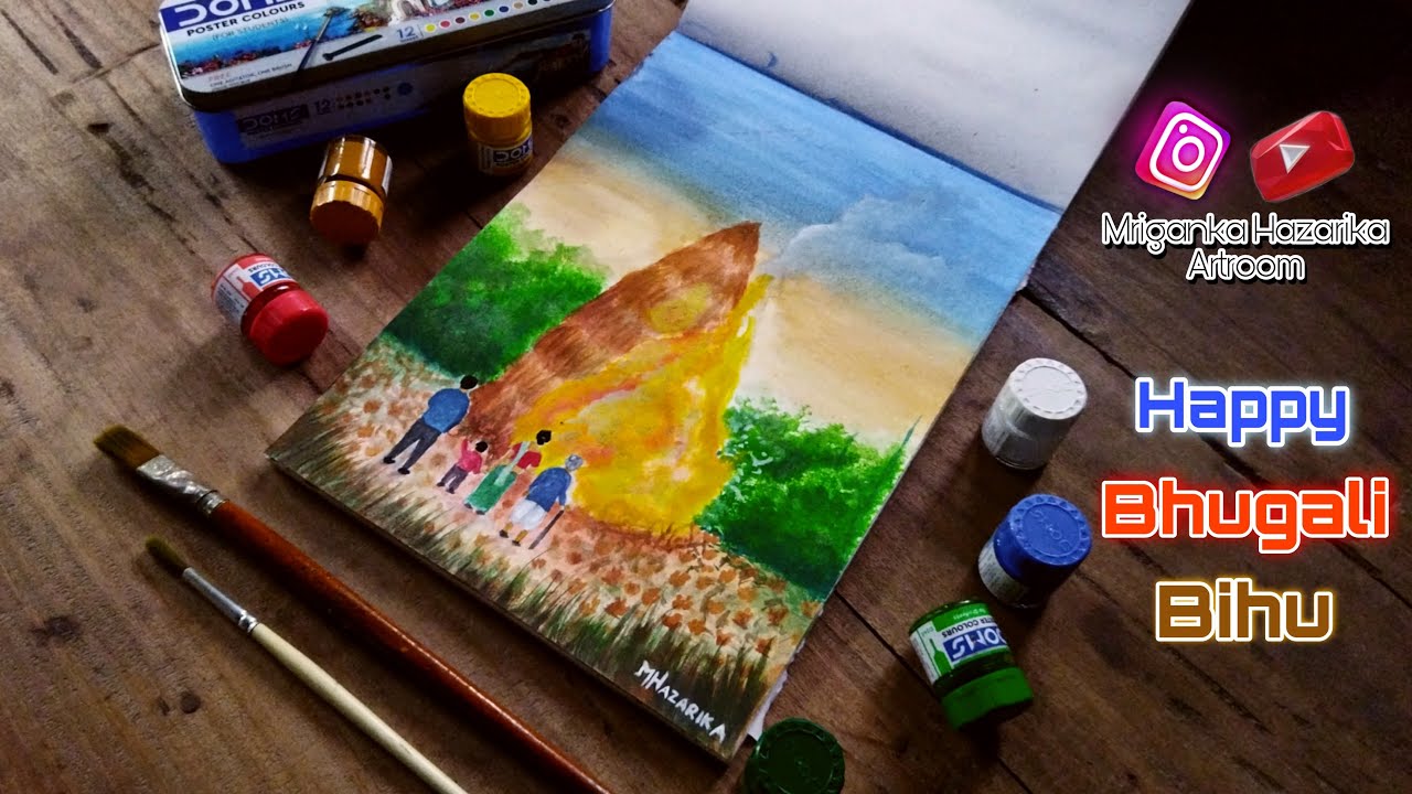 Poster colour painting of Magh(Bhugali) Bihu || Painting ideas ...
