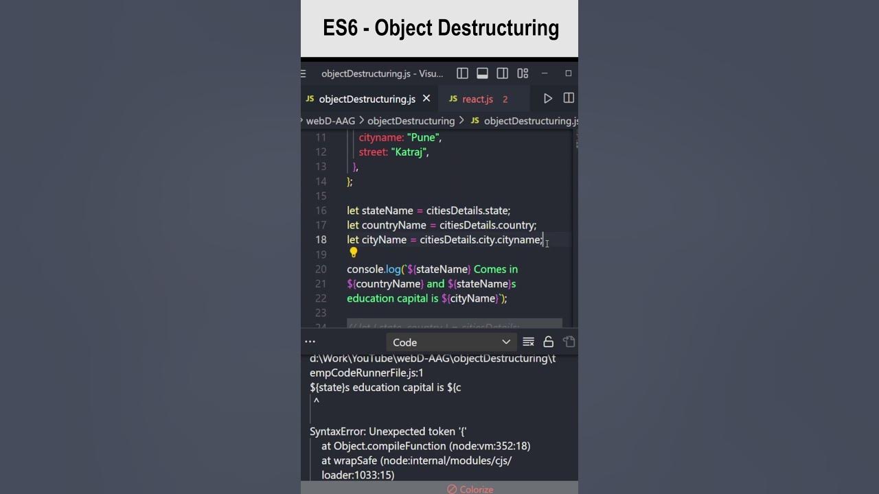 Es6 Object Destructuring In Hindi Youtube