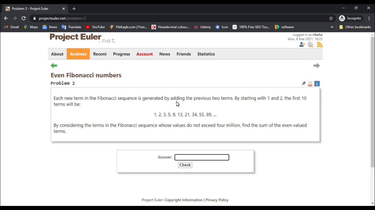 Fibonacci sequence sum of the even-valued terms || Project Euler Problem2 || Soluation in Java ...