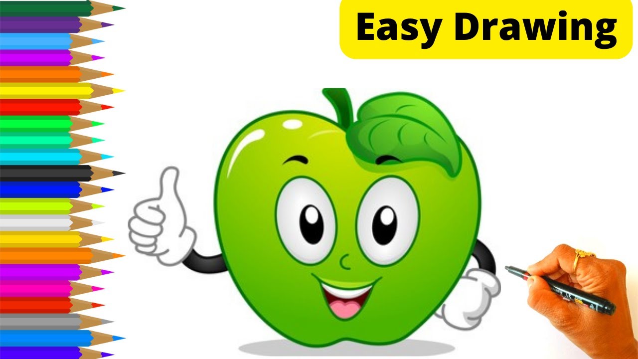 How to Draw Green Apple🍏 | Green Apple Drawing for Kids | Fruit Art ...