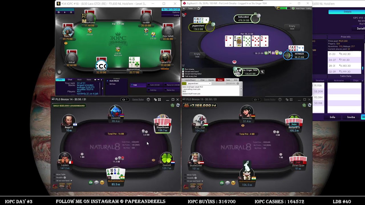 Playing Live Day 3 IOPC Poker MTTs and PLO4 Poker Cash Games - YouTube