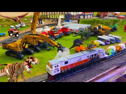 Train Brings Dinosaurs Egg, Tarzan Kid, Fire Truck, Tractor, Excavator ...