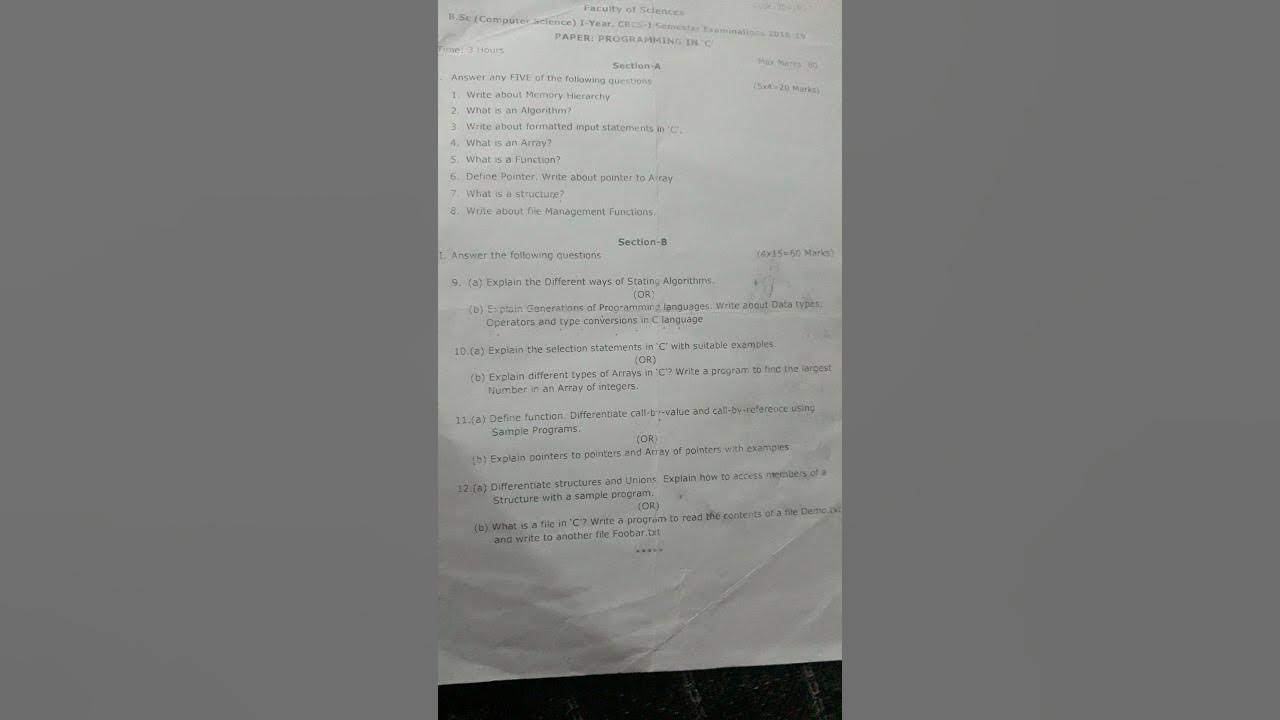 Bsc Computer Science Sem-I Programming in C Degree First Year Computer Science Question Paper ...