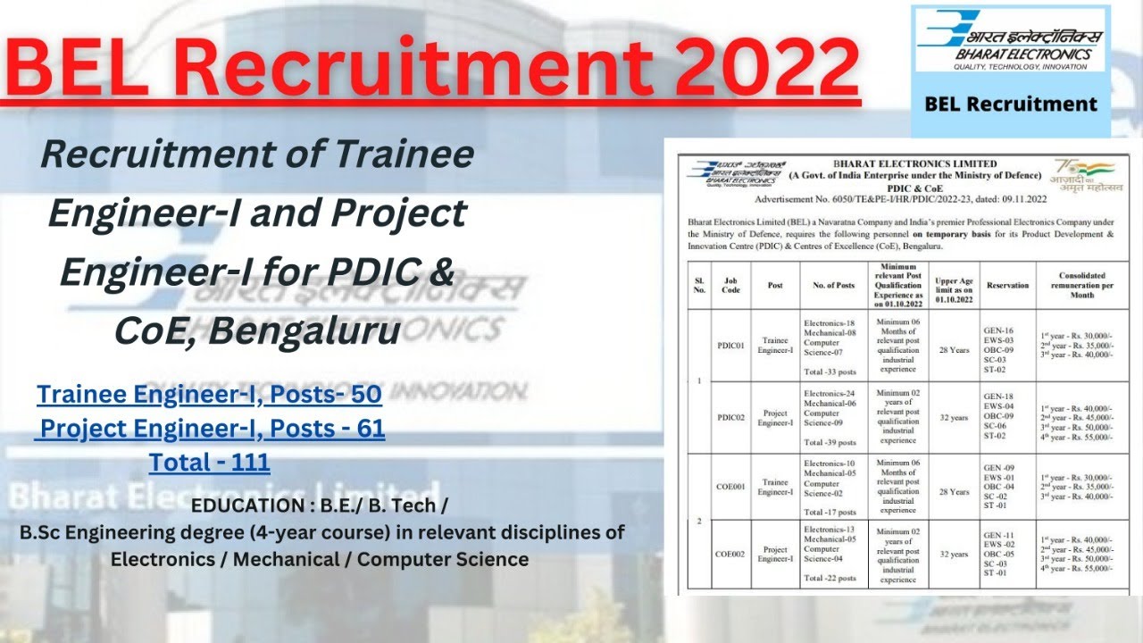 BHARATH ELECTRONICS LIMITED (BEL) Recruitment 2022 || Notification AddA ...
