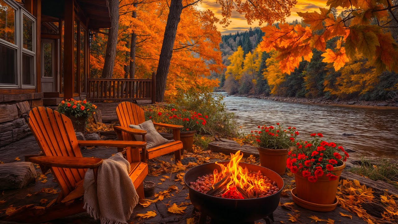 🍂 Peaceful Fall Cabin Porch Ambience 🔥 Fire Crackle & Flowing River for ...