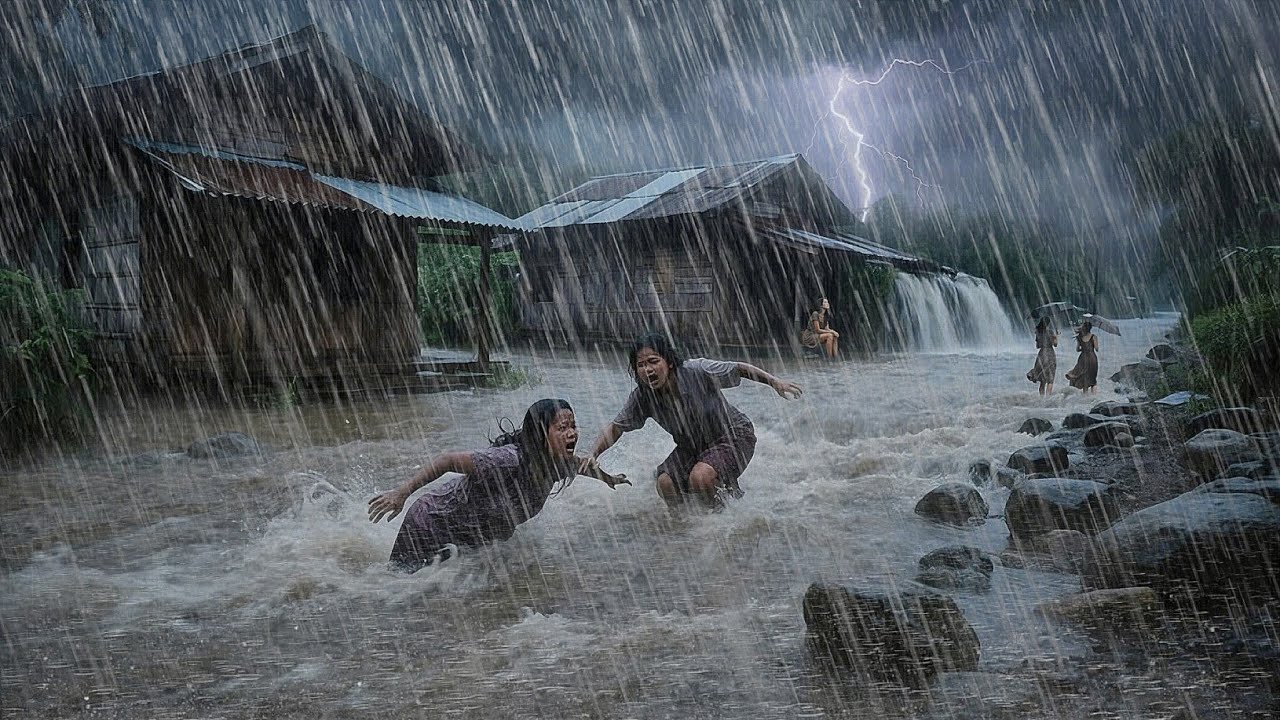 very strong, the biggest super heavy rain in Indonesian village, heavy ...