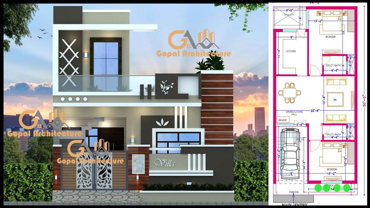 24'-0"X50'-0" North Facing House Plan | 2BHK घर का Design With Vastu ...