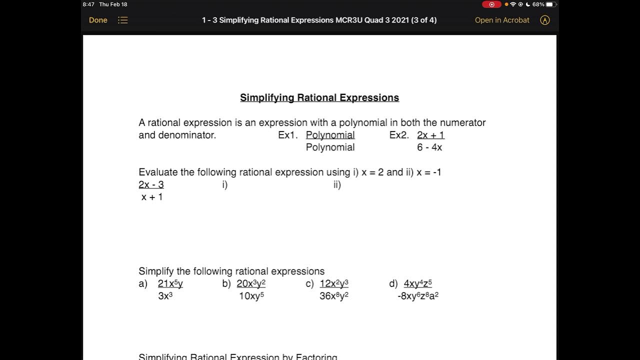 1-3 simplifying Rational expressions MCR3U - YouTube