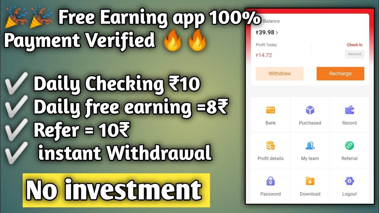 Free Earning app Daily Checking ₹10 Daily free earn₹8 No invest # ...
