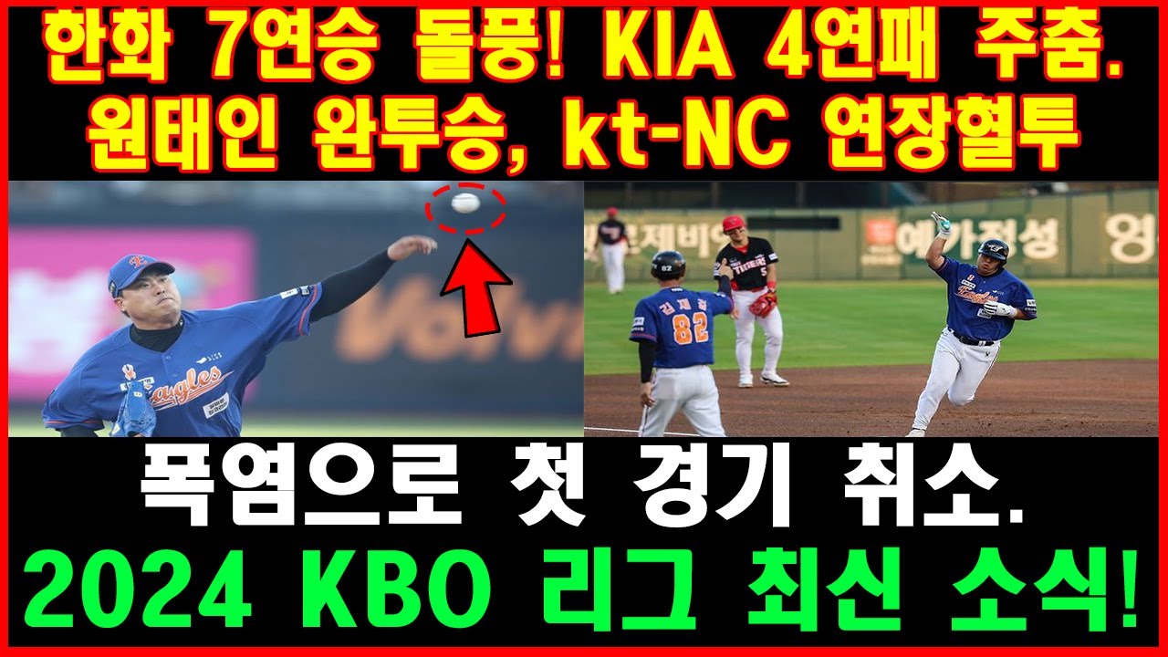 [KBO 핫이슈] 한화 7연승 돌풍! KIA 4연패 주춤. 원태인 완투승, kt-NC 연장혈투. 폭염으로 첫 경기 취소. 2024 KBO 리그 최신 소식! - YouTube