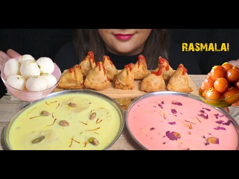 EATING INDIAN DESERT | RASMALAI | ROSE RASAMALAI | SAMOSA | GULAB JAMUN ...