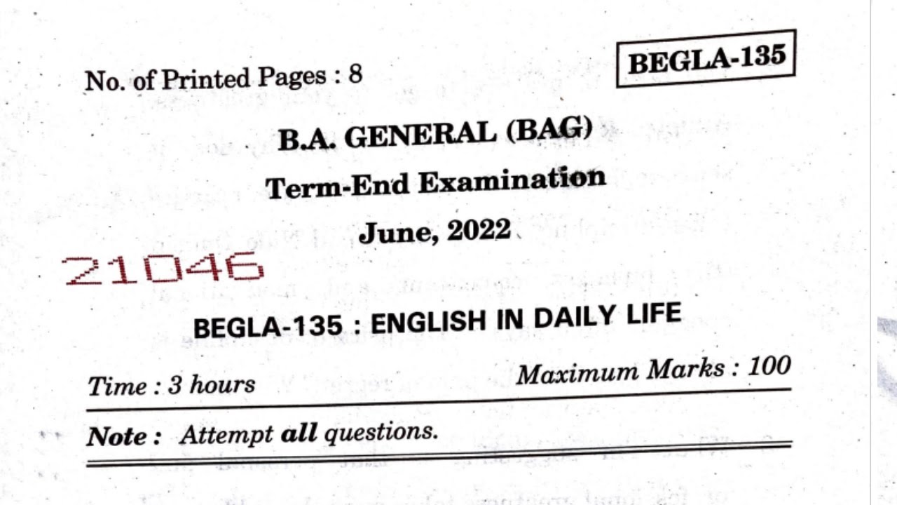 Question Paper of BEGLA 135 | English in Daily Life - YouTube