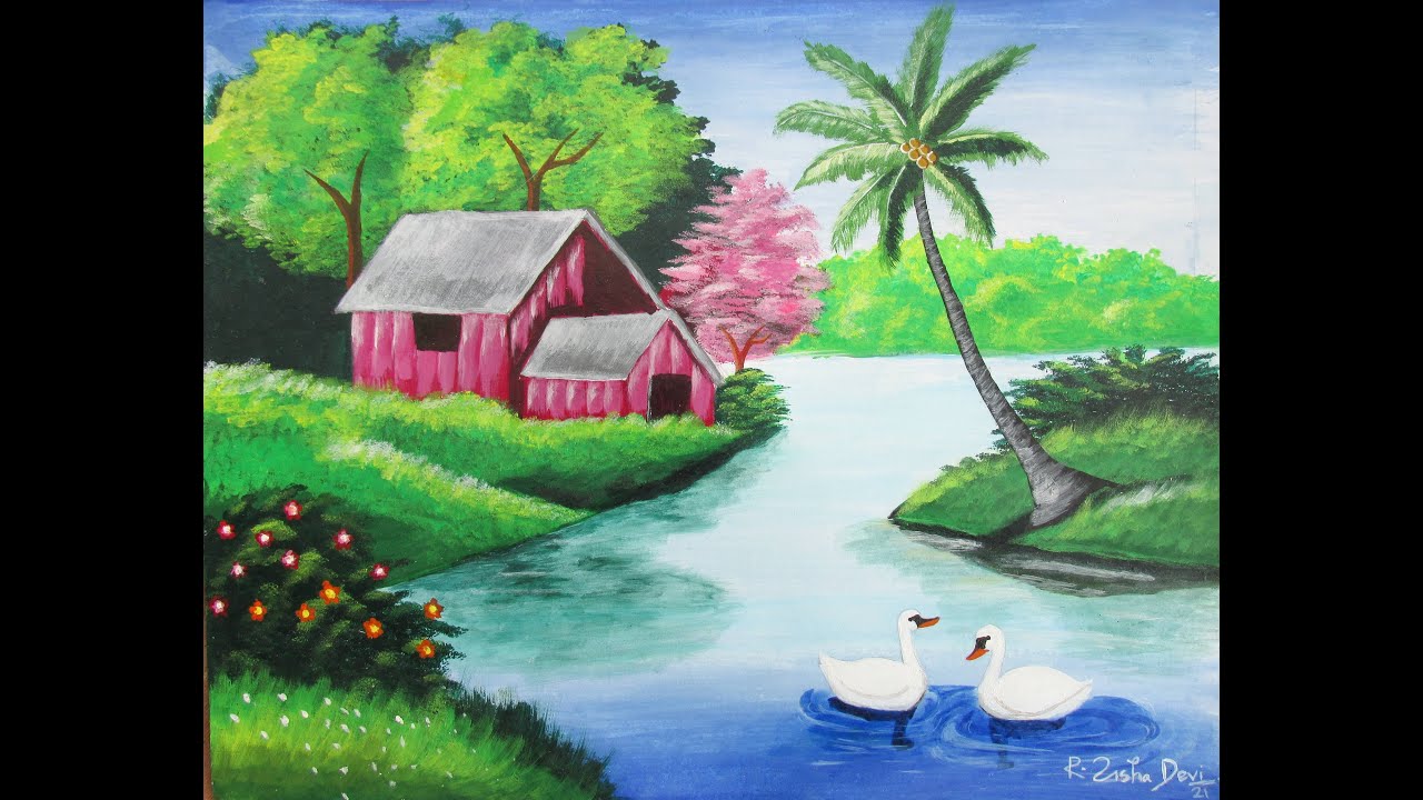 Scenery Drawing | Scenery Acrylic Painting | Riverside Painting ...